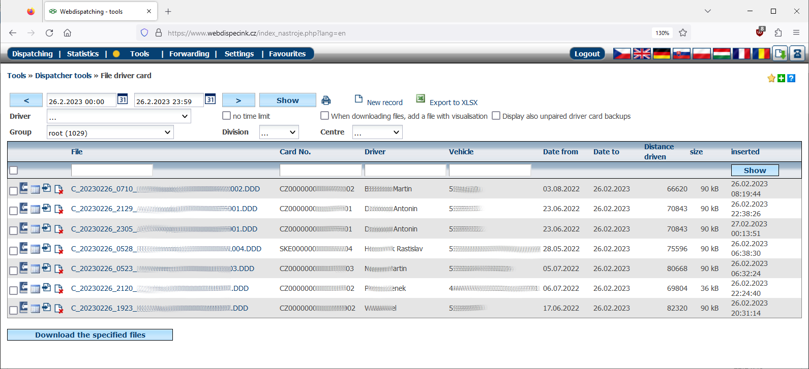 Tachograph archiving - Webdispatching